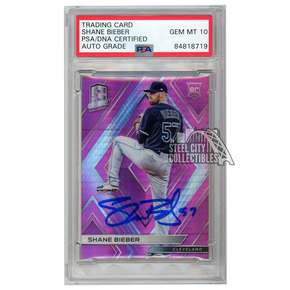 Shane Bieber 2018 Panini Spectra Neon Pink Autograph Rookie Card #93 / ...