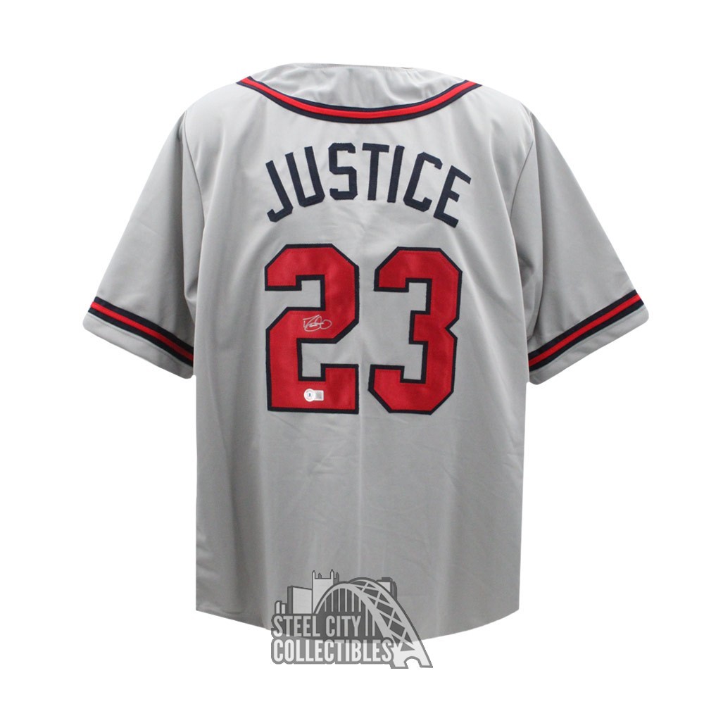 David Justice Autographed Atlanta Custom Gray Baseball Jersey - BAS ...