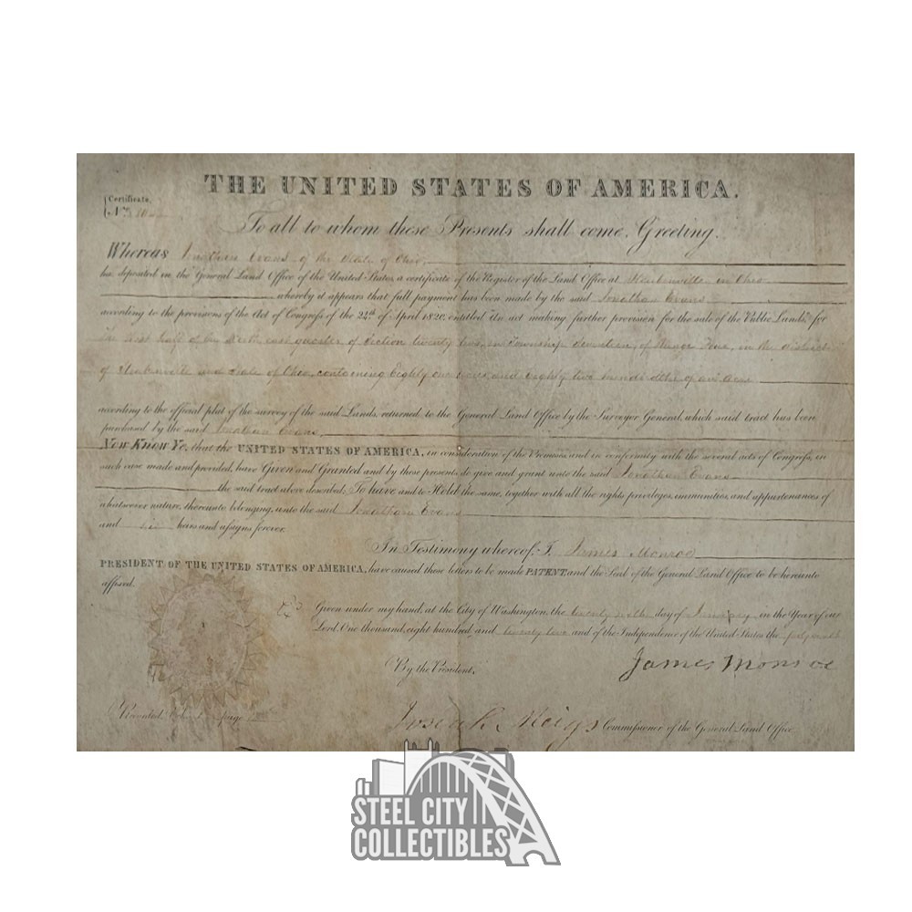President James Monroe Autographed 1822 Land Grant Document - JSA LOA ...