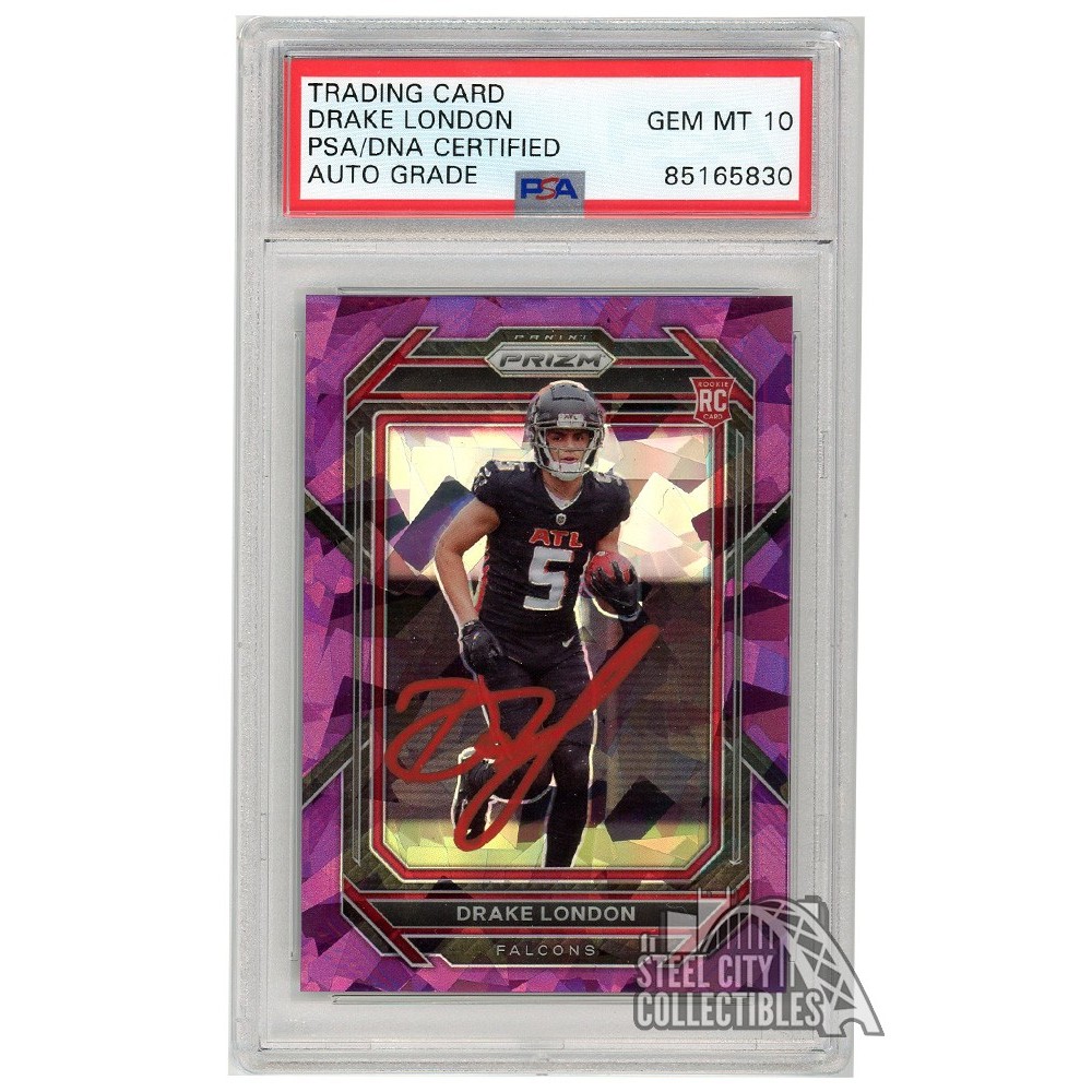 Drake London 2022 Panini Prizm Purple Ice Autograph Rookie Card #308 114/225 PSA/DNA 10 (Red ...