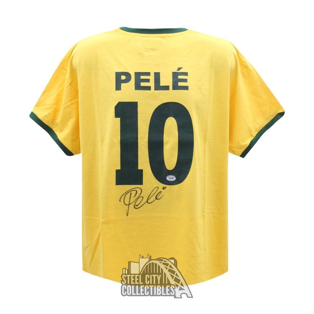 Pele Autographed Brazil Yellow Soccer Jersey - PSA/DNA (Sticker Damage ...