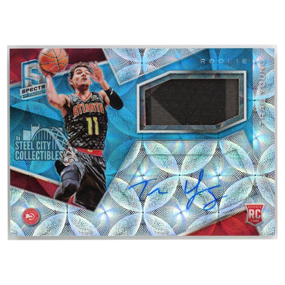 Trae Young 2018-19 Panini Spectra Neon Blue Rookie Patch Autograph Card ...