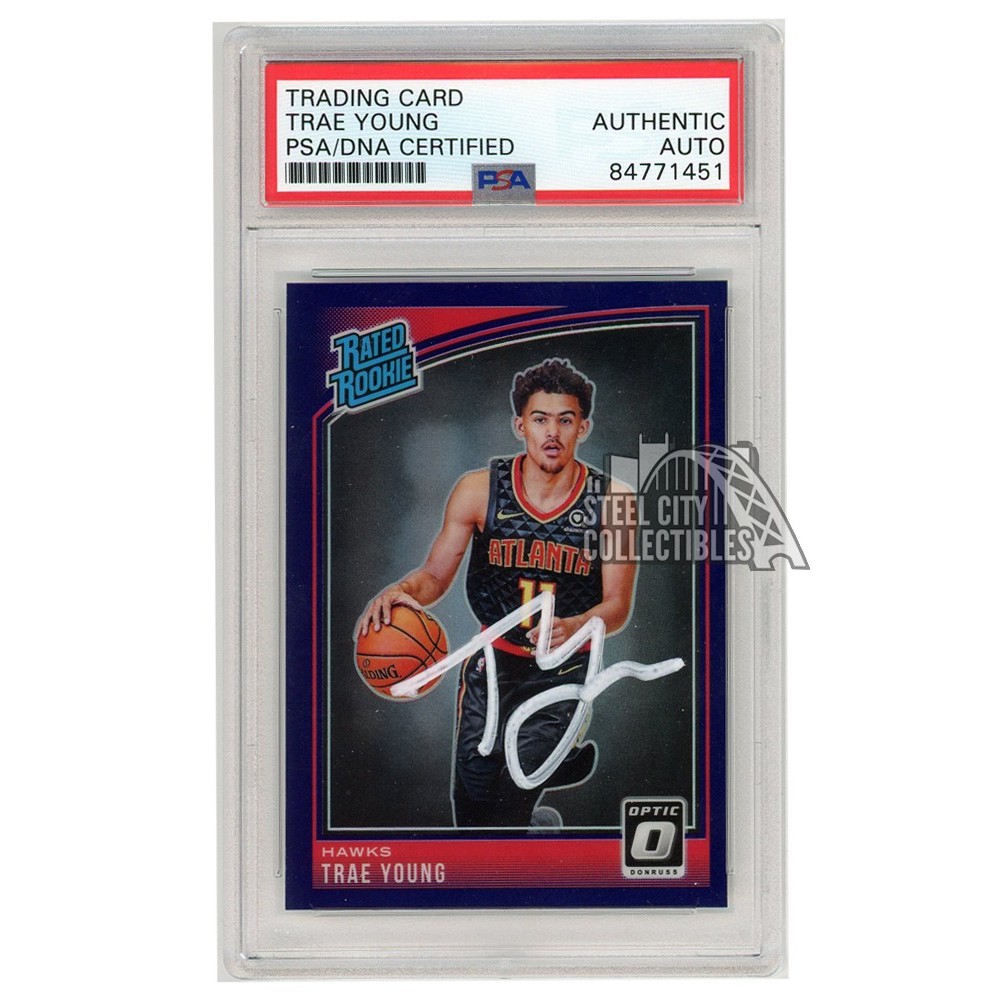 Trae Young 2018-19 Panini Donruss Optic Rated Rookie Purple Autograph ...