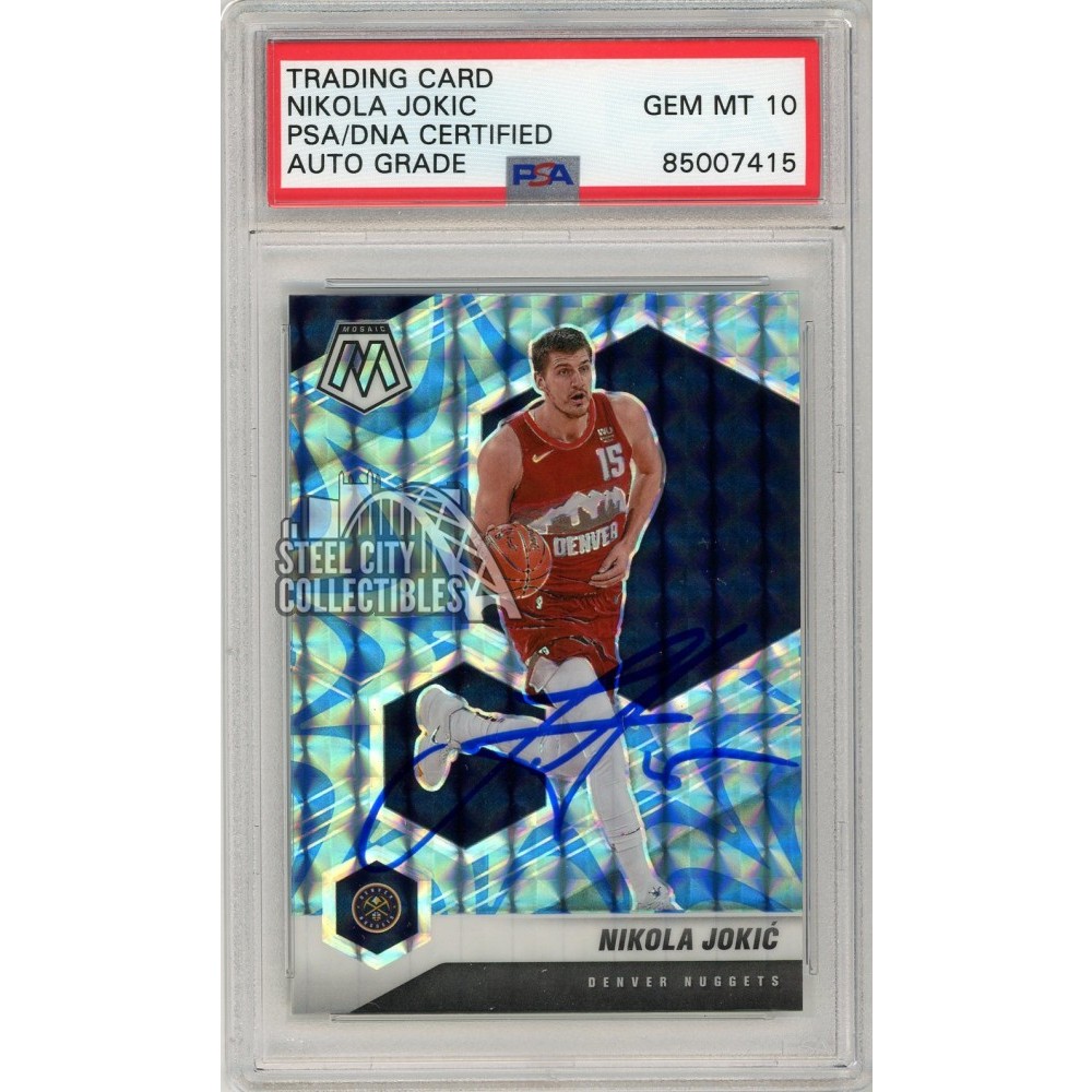 Nikola Jokic 2020-21 Panini Mosaic Reactive Blue Autograph Card #21 PSA ...
