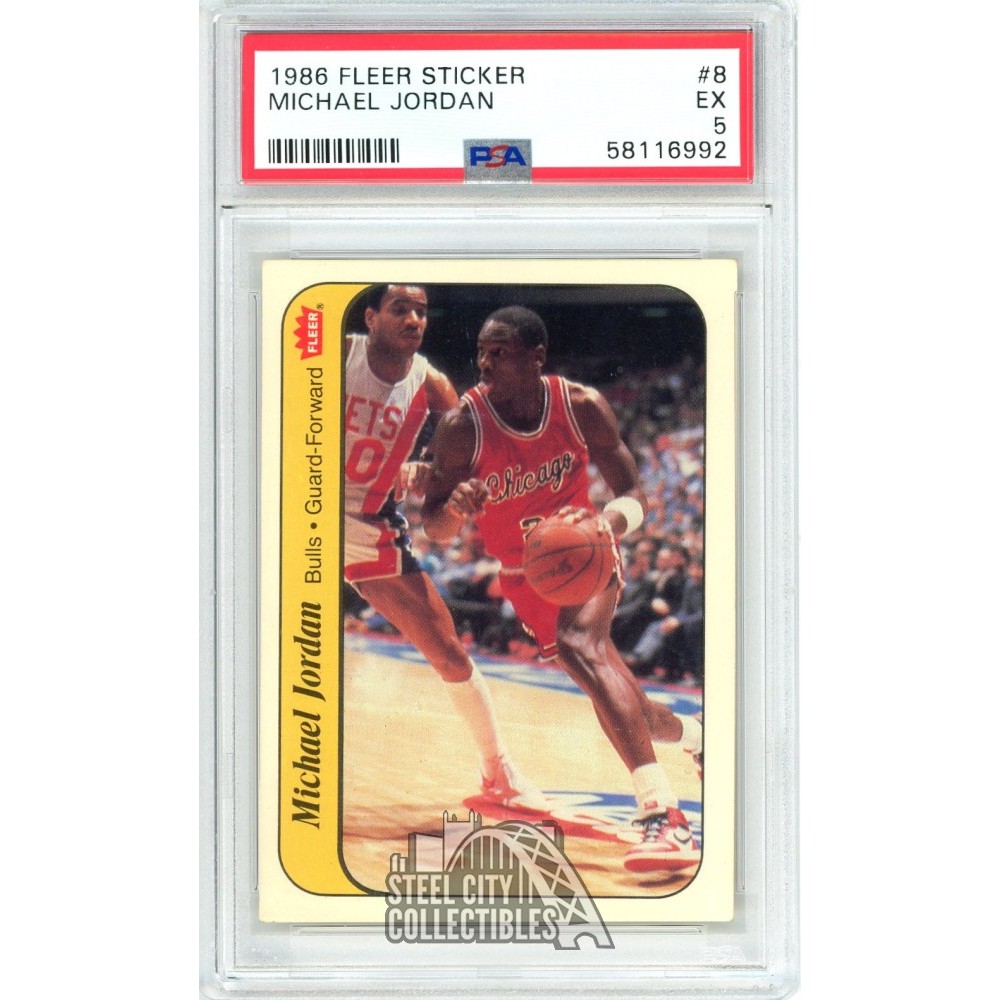 Michael Jordan 1986 Fleer Basketball Rookie Sticker Card RC #8 PSA 5 ...