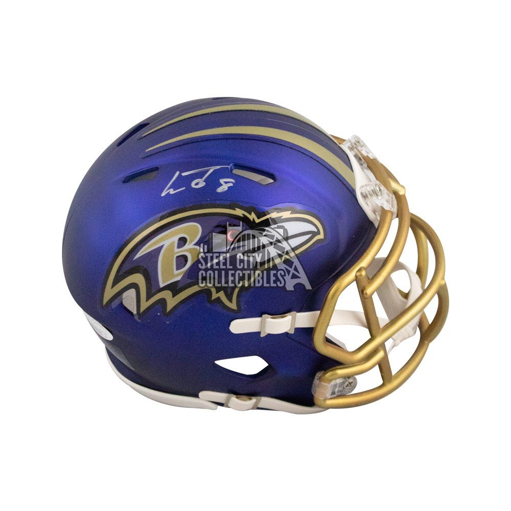 Lamar Jackson Autographed Baltimore Ravens Blaze Mini Football Helmet ...