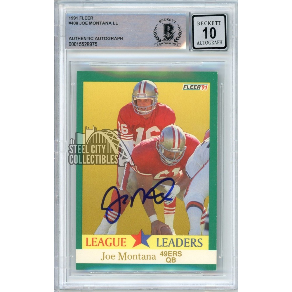 Joe Montana 1991 Fleer League Leaders Autograph Card #408 BAS 10 ...
