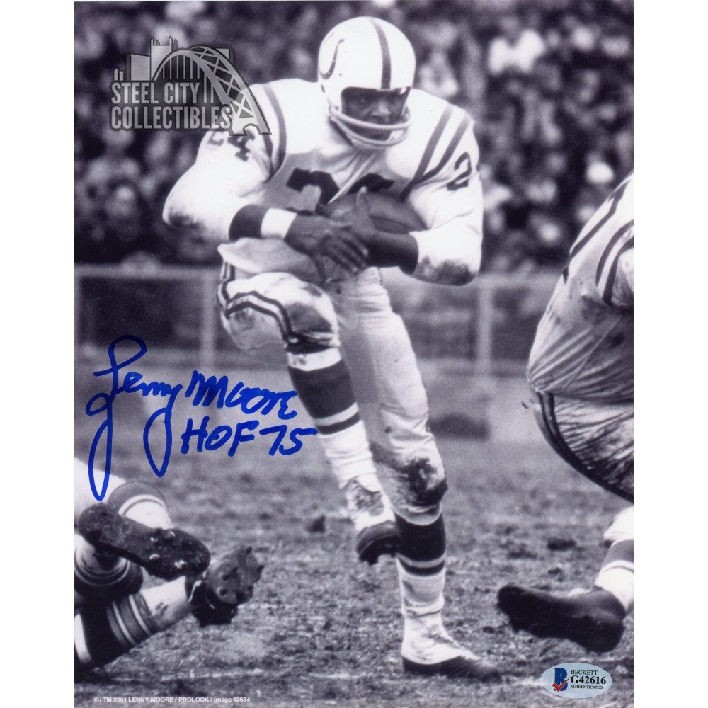 Lenny Moore HOF 75 Autographed Baltimore Colts 8x10 Photo (B&W) - BAS ...