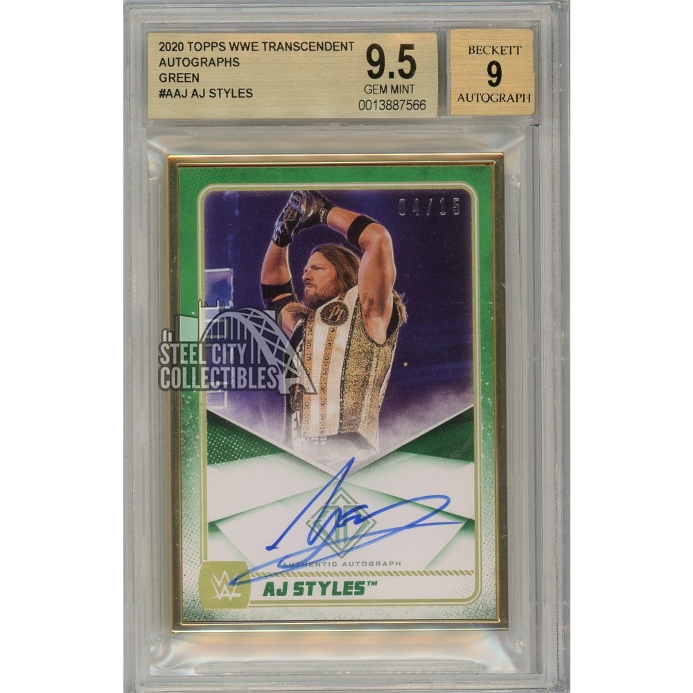 AJ Styles 2020 Topps Transcendent WWE Green Autograph Card 04/15 BGS 9. ...