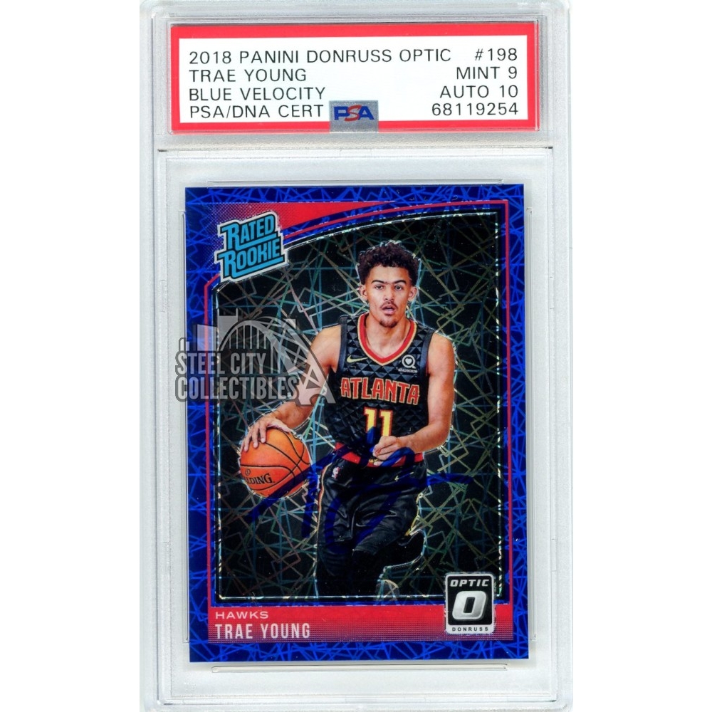 Trae Young 2018-19 Donruss Optic Blue Velocity Autograph Rookie Card ...