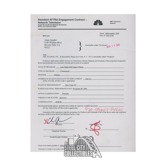 Adam Sandler Autographed 2000 NBC Engagement Contract - JSA LOA | Steel ...