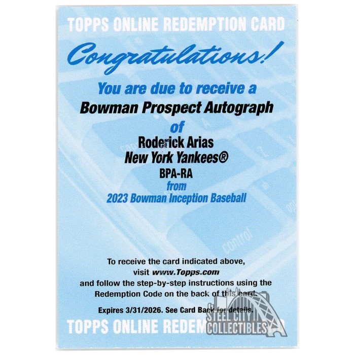 Roderick Arias 2023 Bowman Inception Redemption Autograph Card #BPA-RA ...