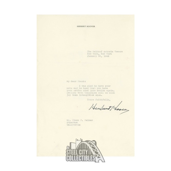 President Herbert Hoover Autographed 1946 Letter - JSA LOA | Steel City ...