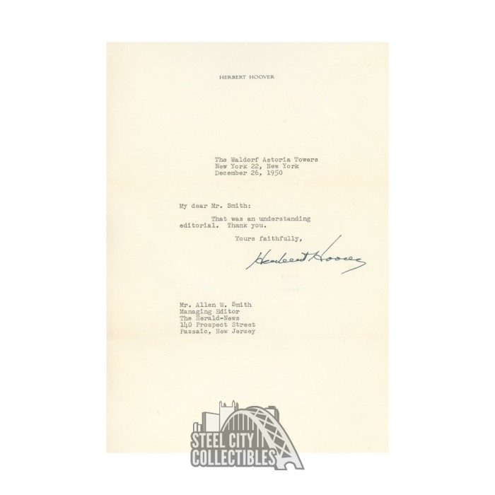 Herbert Hoover Autographed 1950 Letter - JSA LOA | Steel City Collectibles