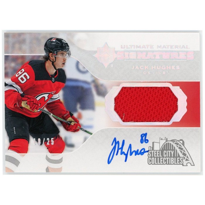 Jack Hughes 2019-20 Upper Deck Ultimate Material Signatures Rookie ...