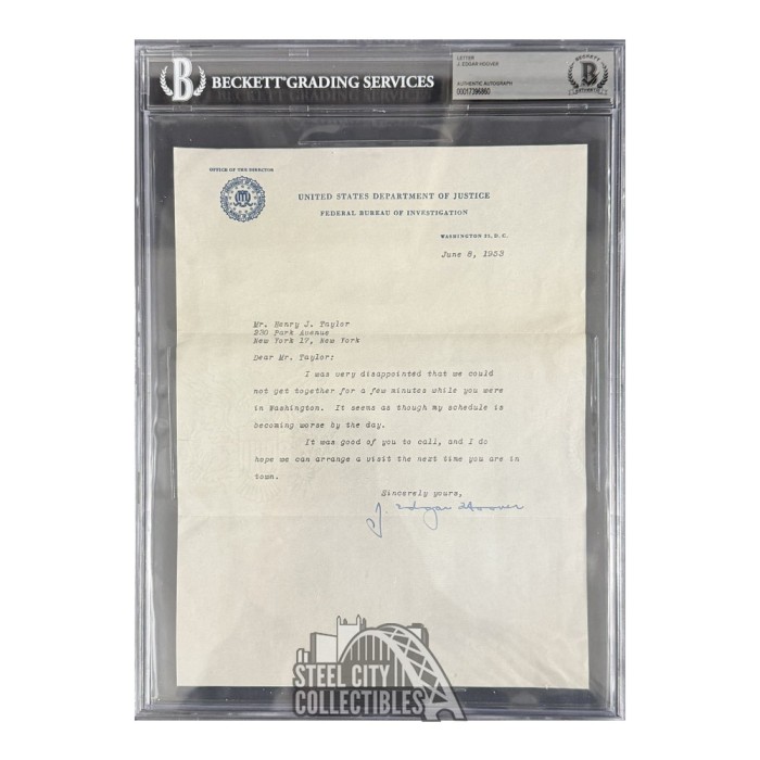 J Edgar Hoover Autographed FBI Letter - BAS (June 8th 1953) | Steel ...