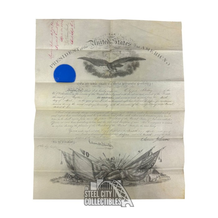 Andrew Johnson 1867 Military Commission Appointment Stamp Signature ...