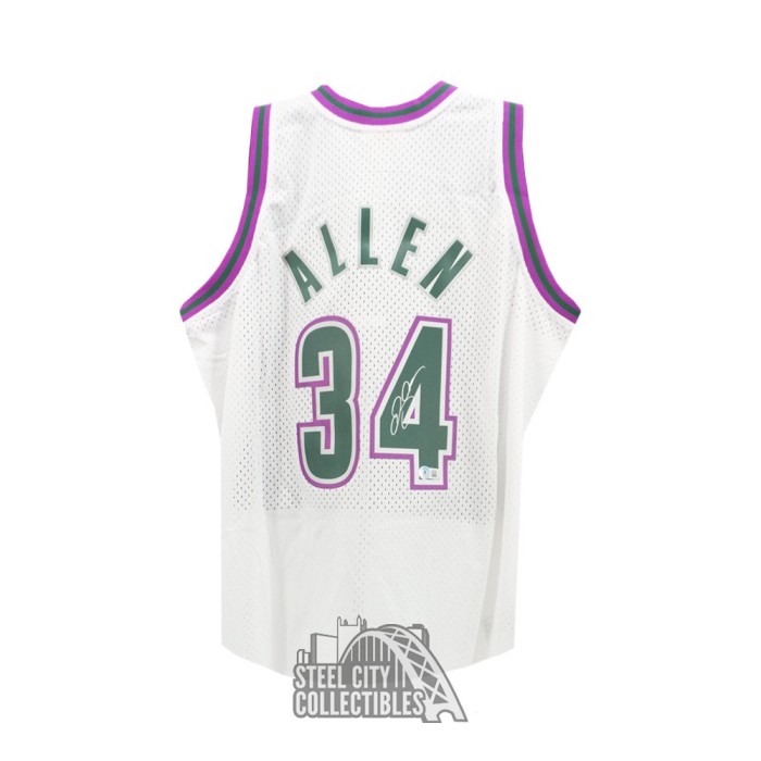 Ray Allen Autographed Milwaukee White Mitchell & Ness L Replica ...