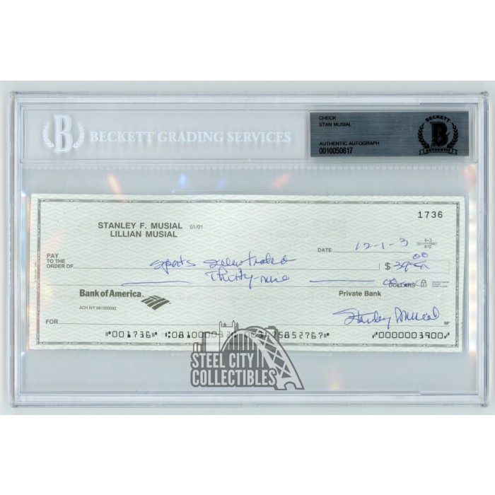 Stan Musial Autographed Check - BAS | Steel City Collectibles