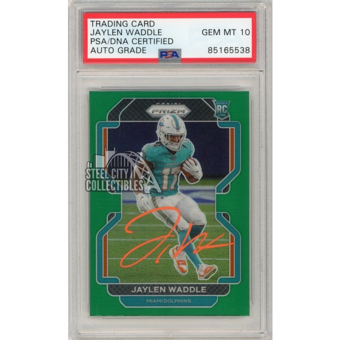 Jaylen Waddle 2021 Panini Prizm Green Autograph Rookie Card #338 PSA ...
